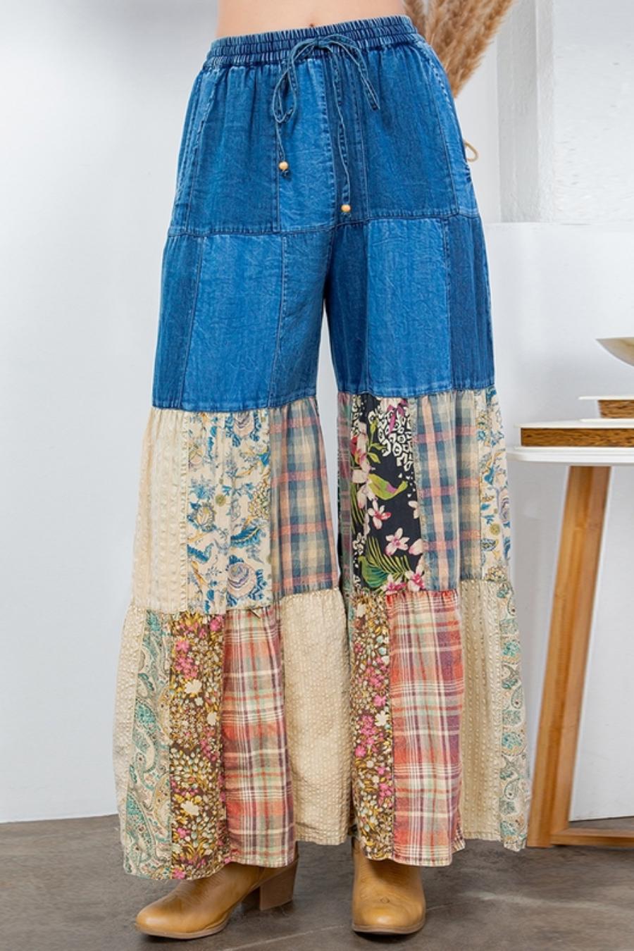 Bohemian Western Charm Tiered Floral & Plaid Patchwork Denim Pants ...
