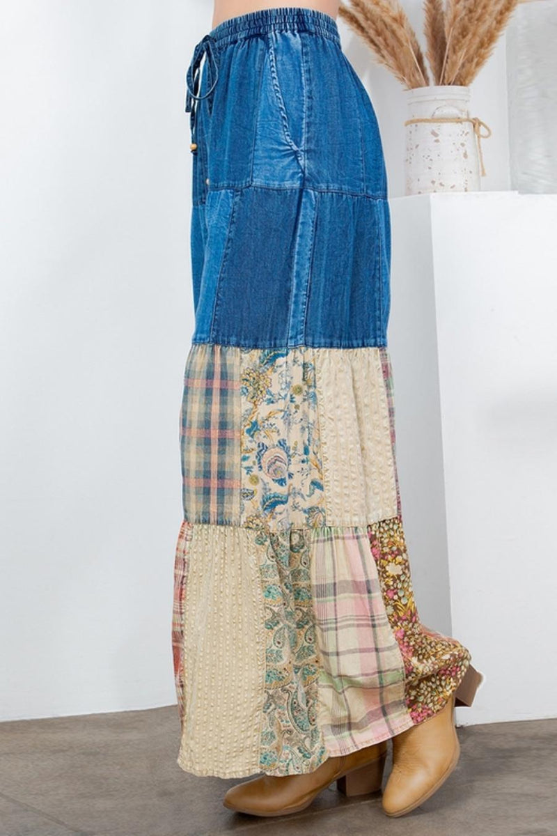 Bohemian Western Charm Tiered Floral & Plaid Patchwork Denim Pants ...