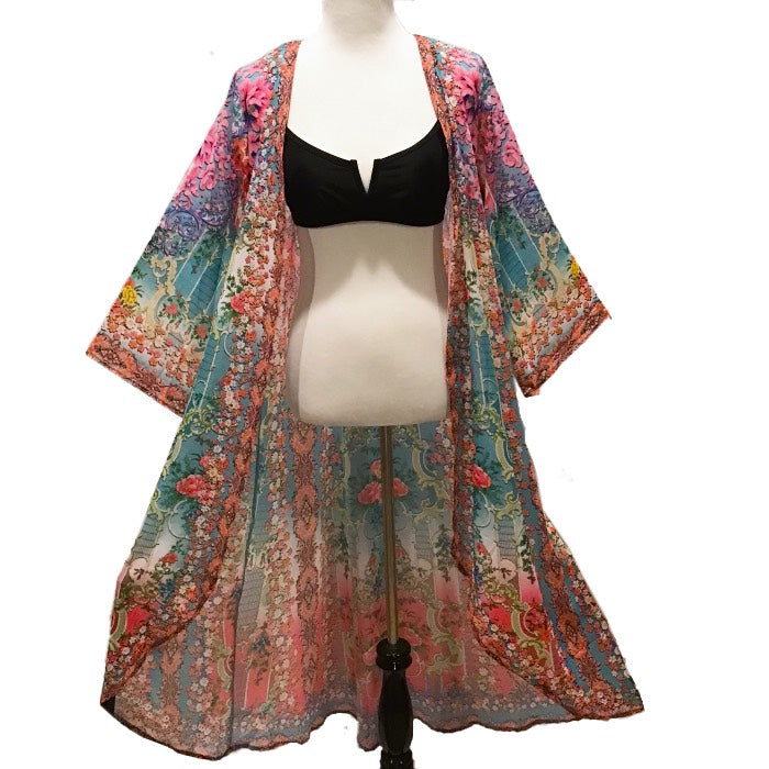 Women's "Tropical Heaven" Floral Blue-Pink Ombre Beach Cover-Up Duster ...